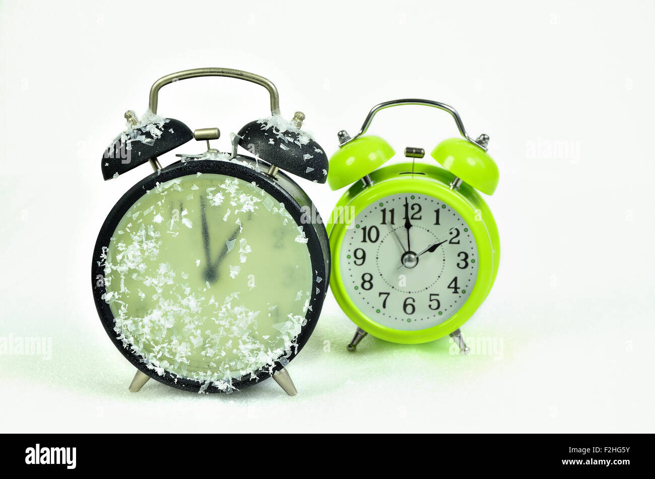 close up of two retro alarm clocks, black and green, showing winter ...