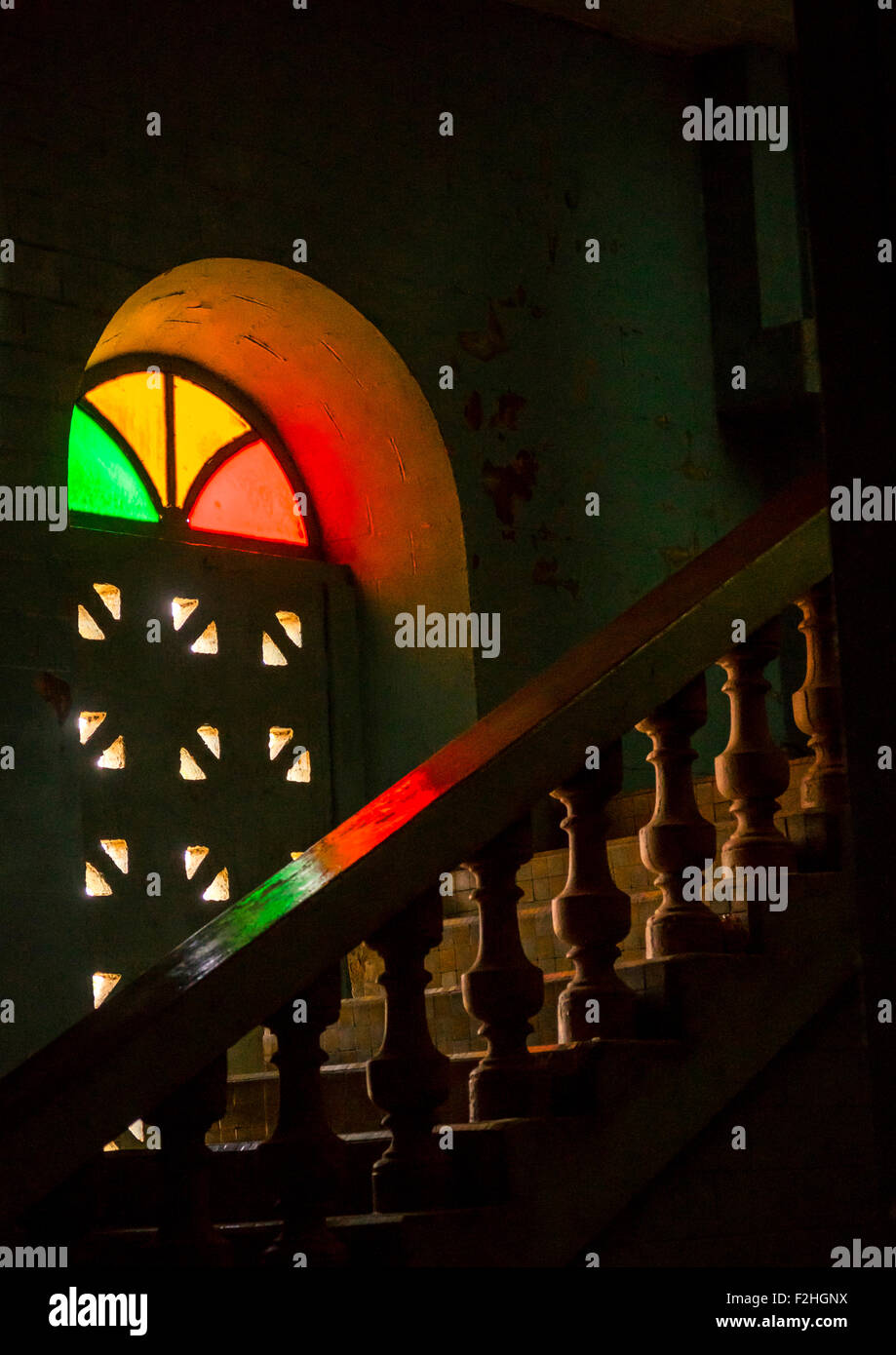 Benin, West Africa, Porto-Novo, stairs and stain glass window inside ...
