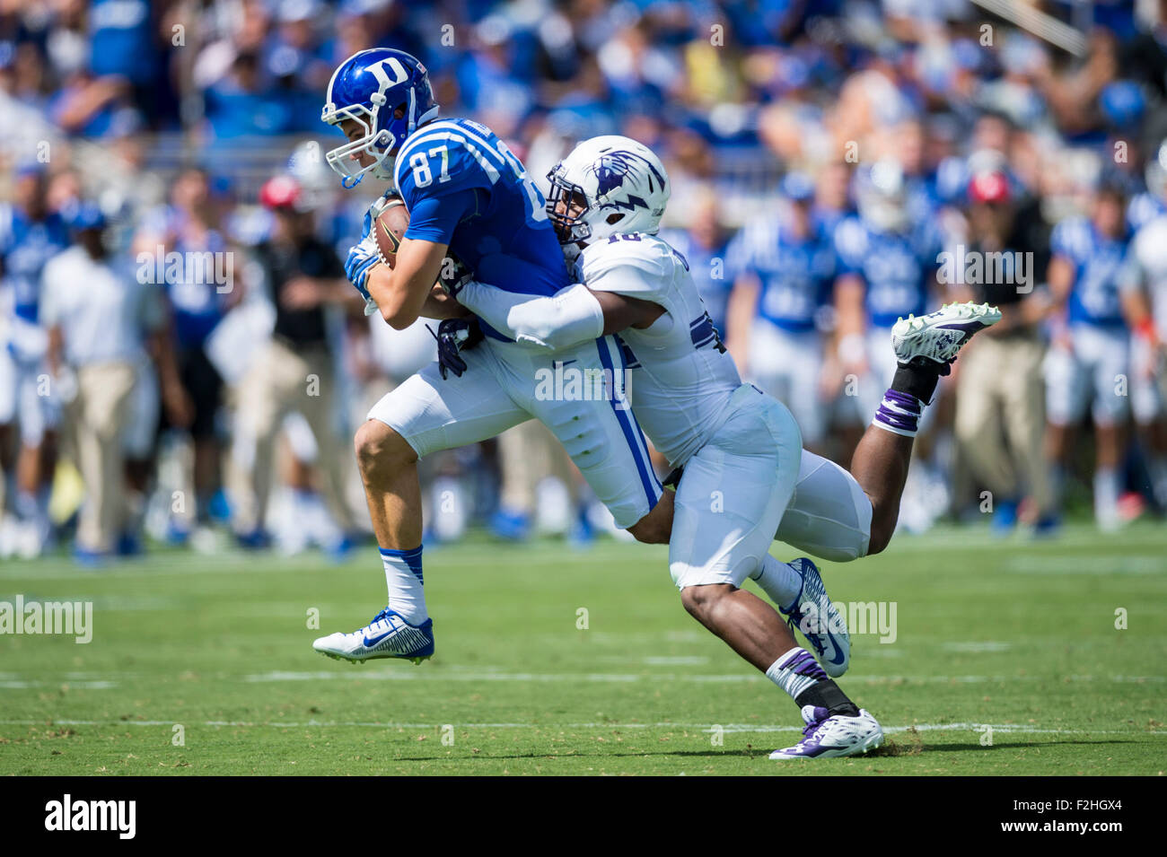 Duke wide receiver Max McCaffrey (87) is brought down by Northwestern ...