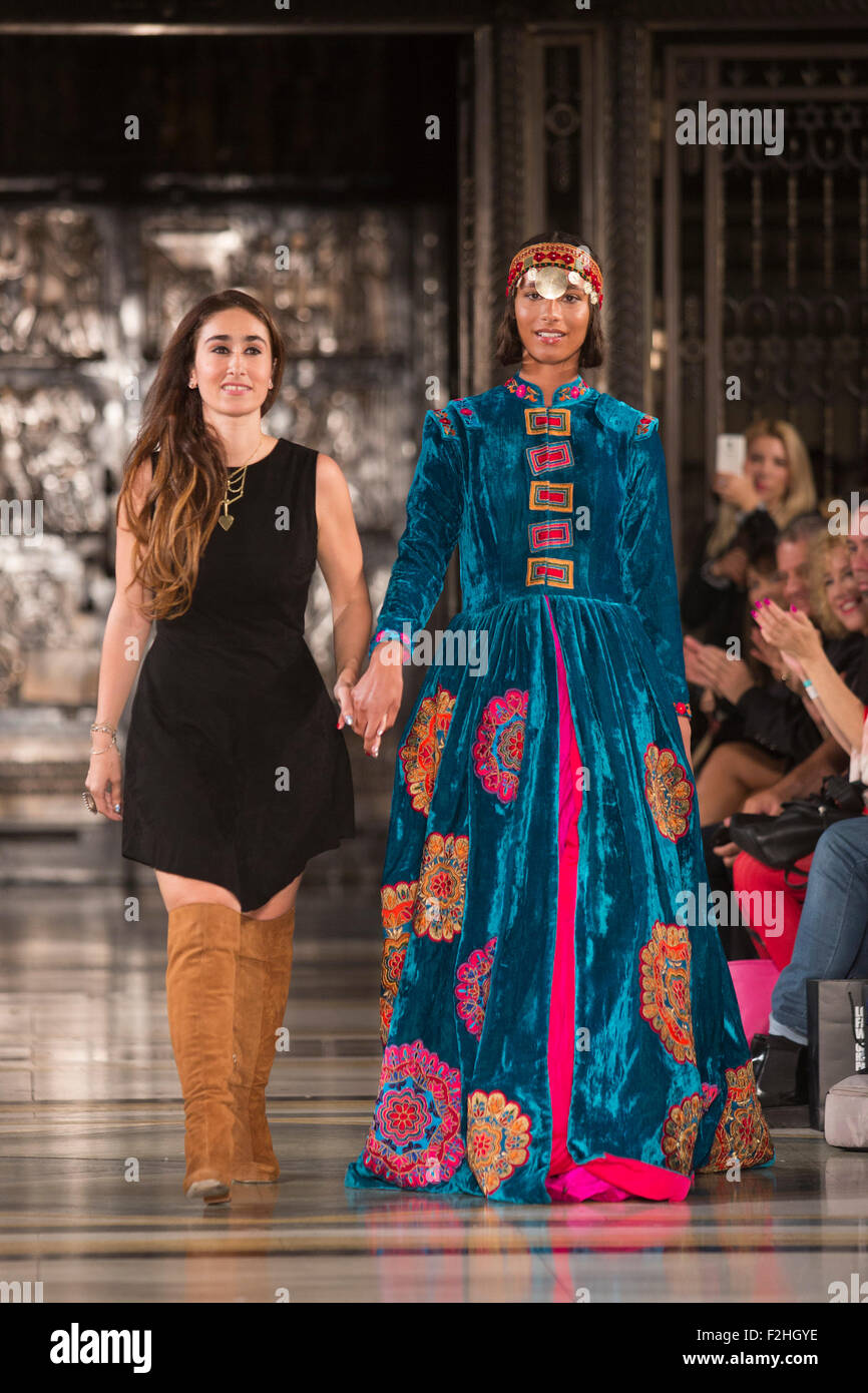 London, UK. 19th September, 2015. Designer Maral Yazarloo with a model ...