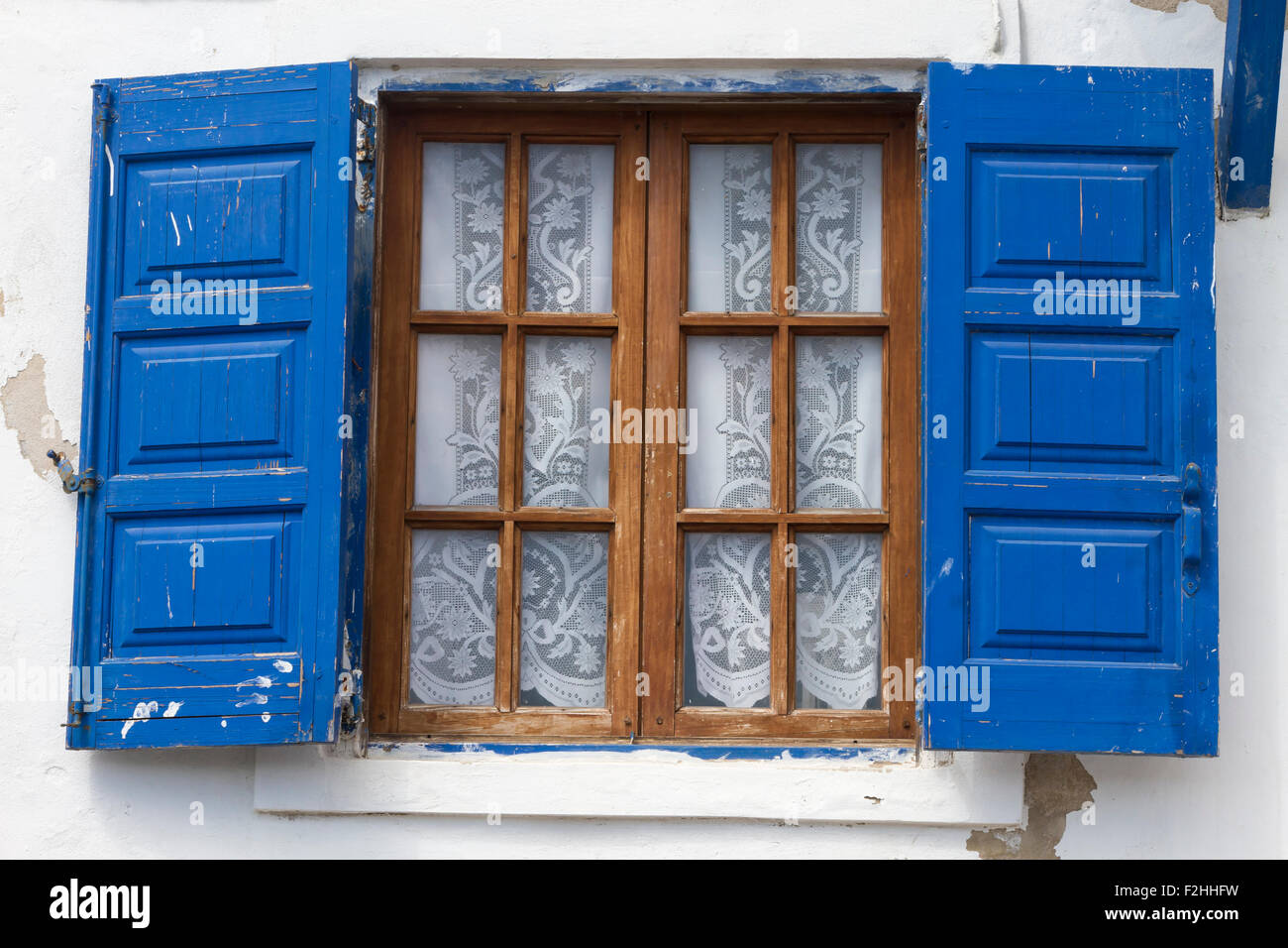 Traditional Greek window in the islet of Aghios Efstratios, in Aegean ...
