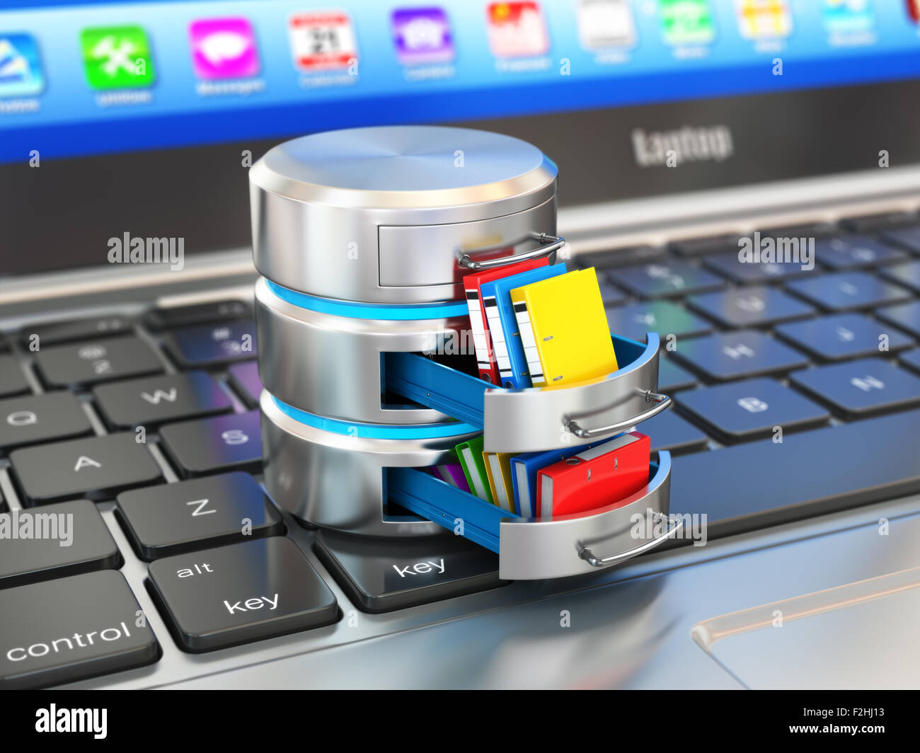 Database storage concept. Hard disk icon with folders on laptop ...