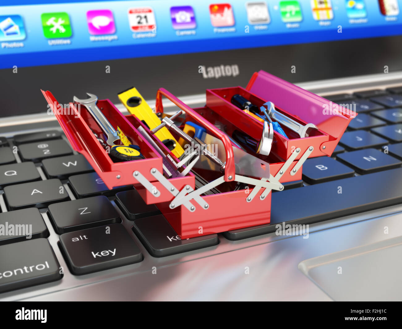 Laptop and toolbox with tools. Online support. 3d Stock Photo - Alamy