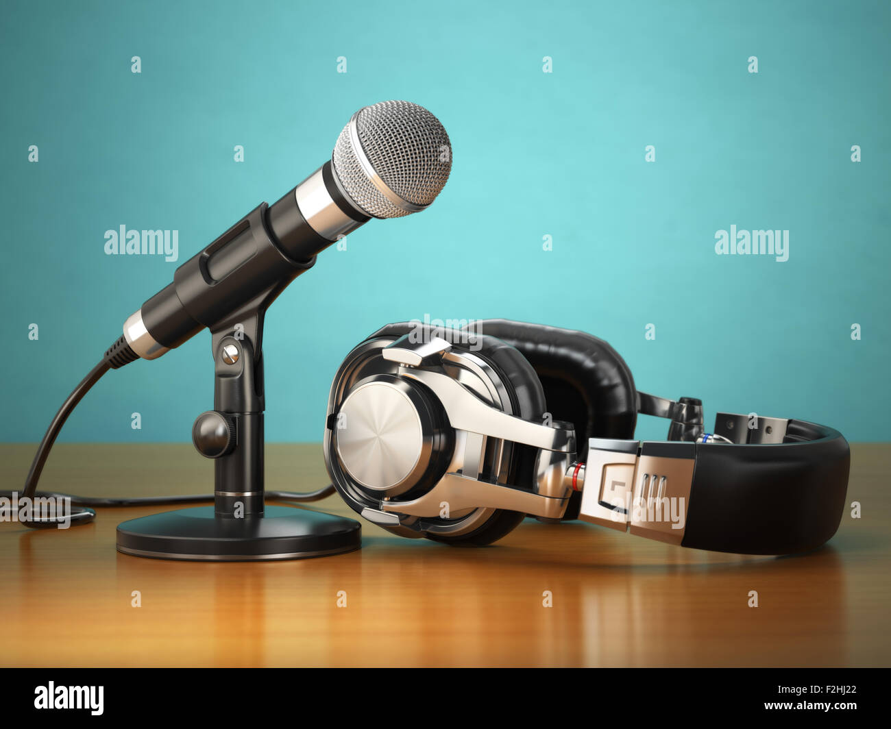 Microphone and headphones. Audio recording or radio commentator concept ...