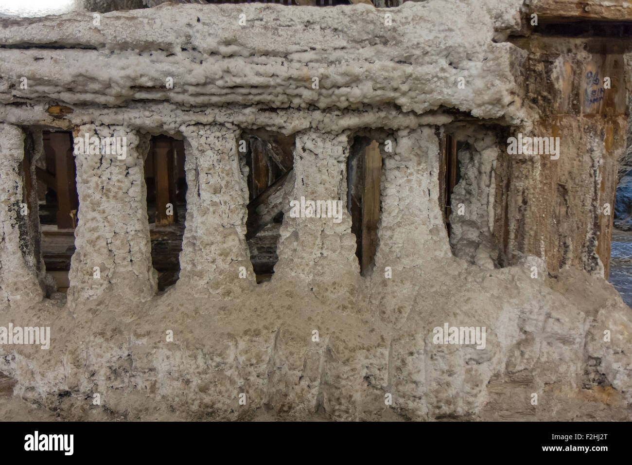 Salt crystals covered wooden structures in the salt mines Stock Photo ...