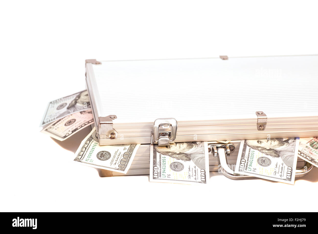 Silver case with dollars on white background Stock Photo - Alamy