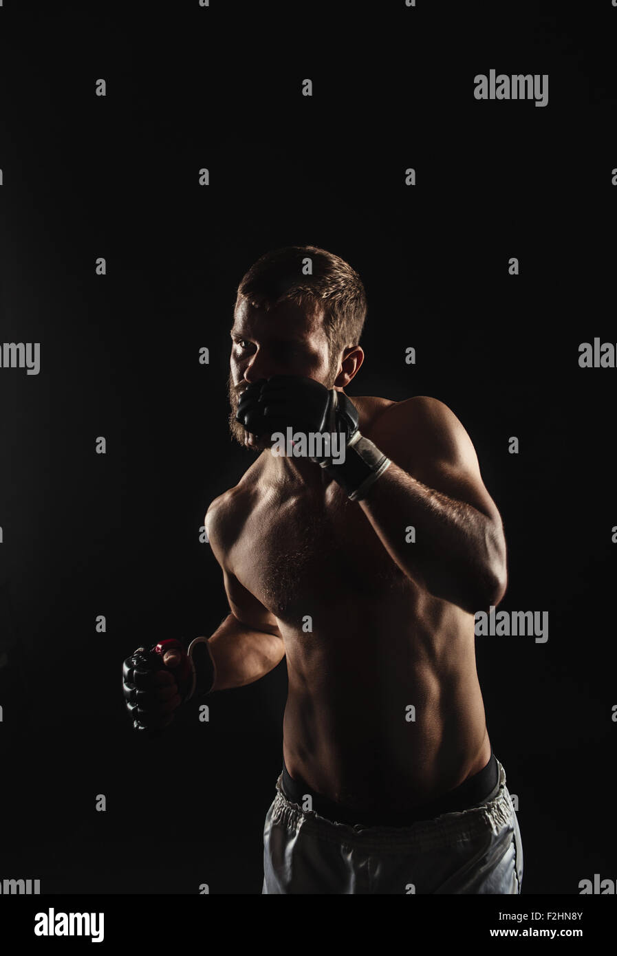 Athletic bearded boxer with gloves on a dark background Stock Photo - Alamy