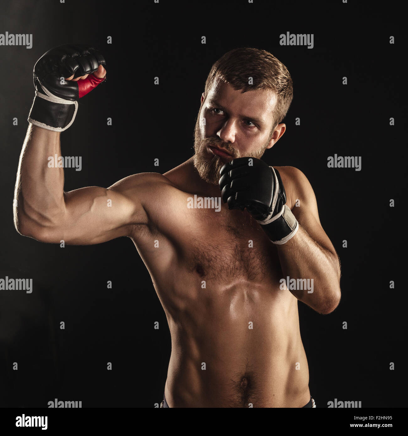 Athletic bearded boxer with gloves on a dark background Stock Photo - Alamy