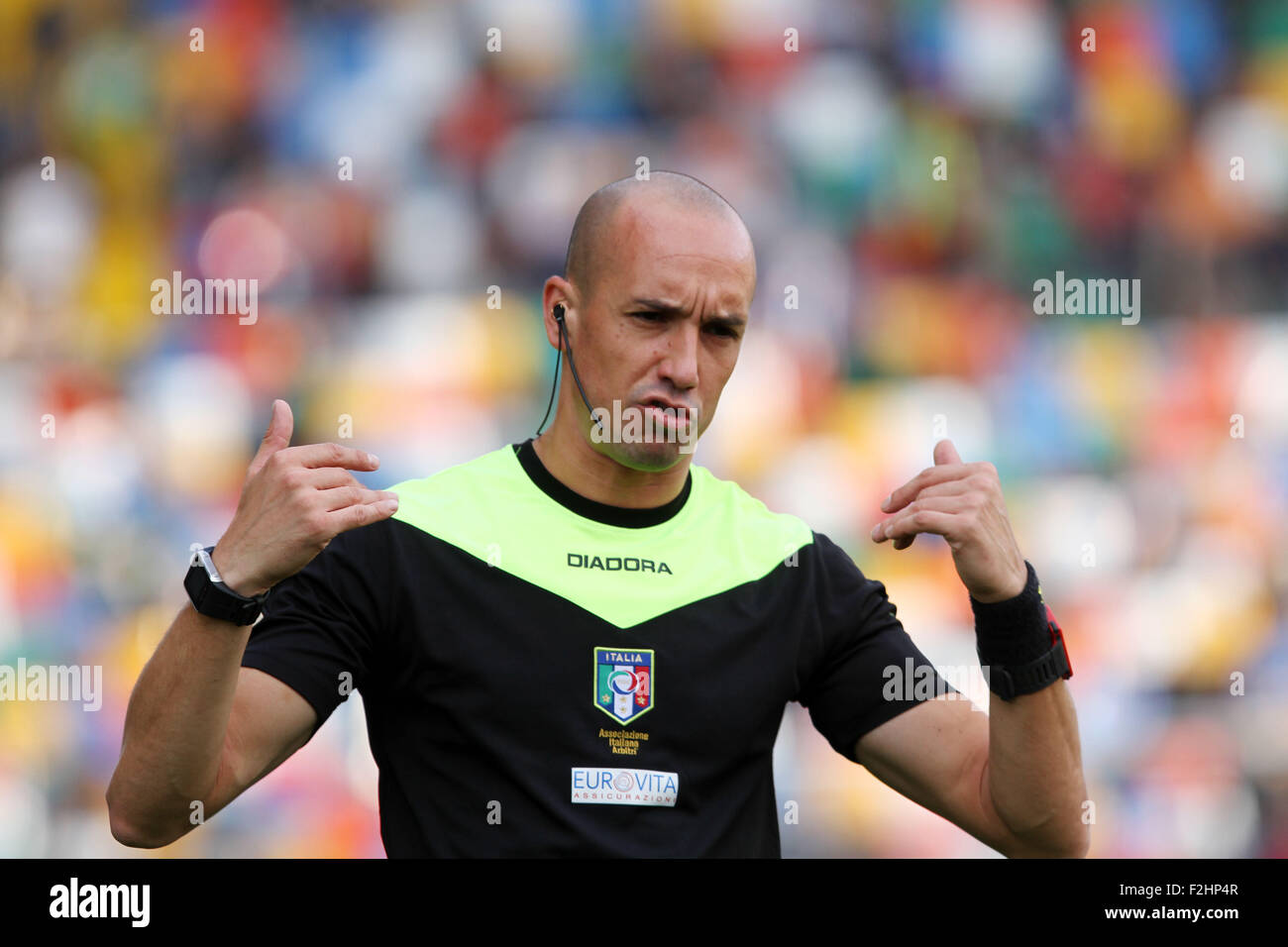 Udine, Italy. 19th September, 2015. Referee Michael Fabbri gestures ...