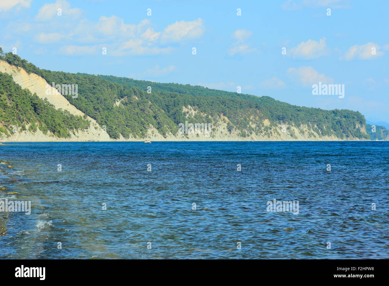 Sea coast with steep mountain slopes covered with dense vegetation and ...