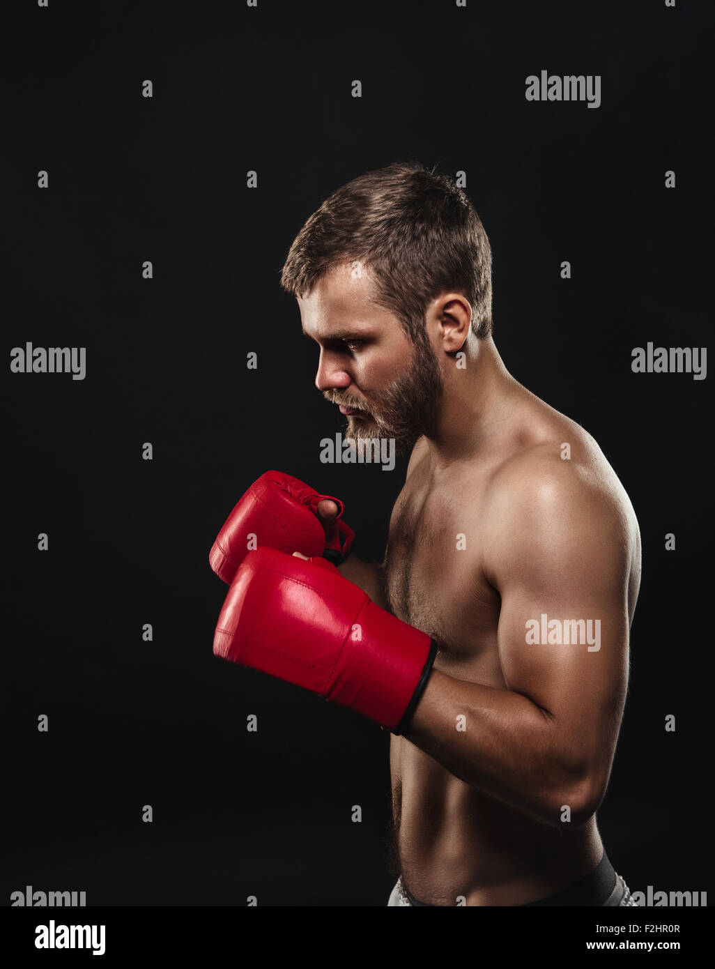 Athletic bearded boxer with gloves on a dark background Stock Photo - Alamy