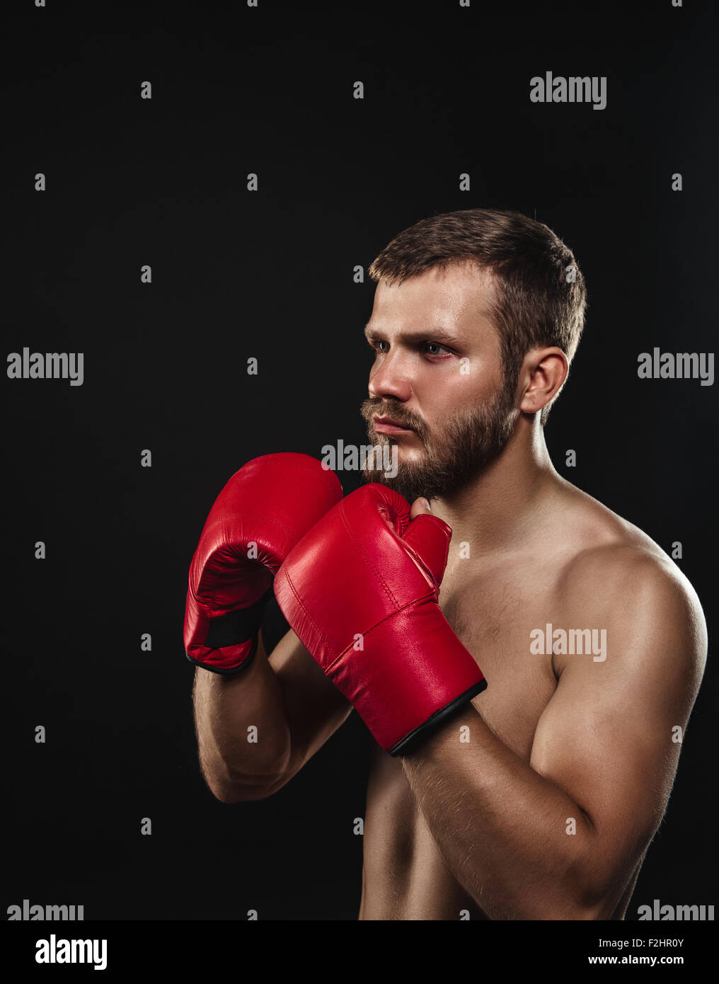 Athletic bearded boxer with gloves on a dark background Stock Photo - Alamy
