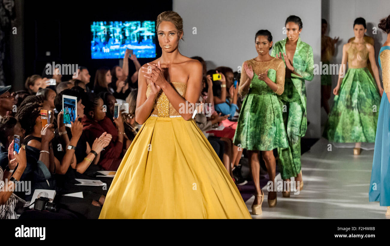 London, UK. 19 September 2015. Models wear a look by the designer Moixa ...