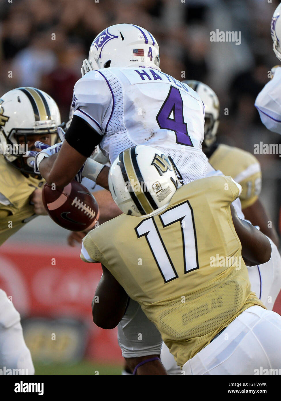 Orlando, FL, USA. 19th Sep, 2015. UCF Knights running back Cedric Thompson (17) strips the ball ...