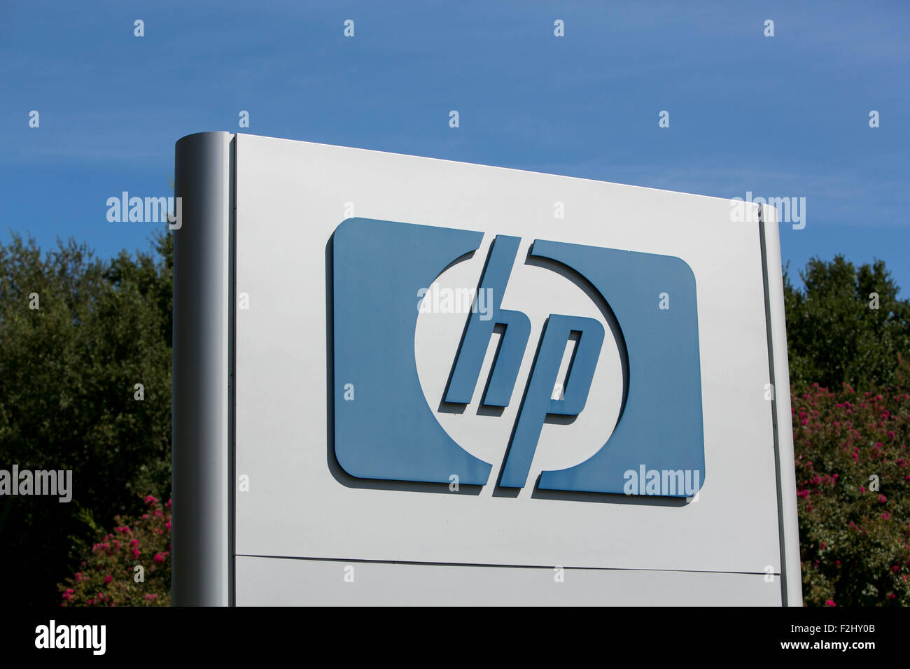 A logo sign outside of a facility occupied by The Hewlett-Packard ...