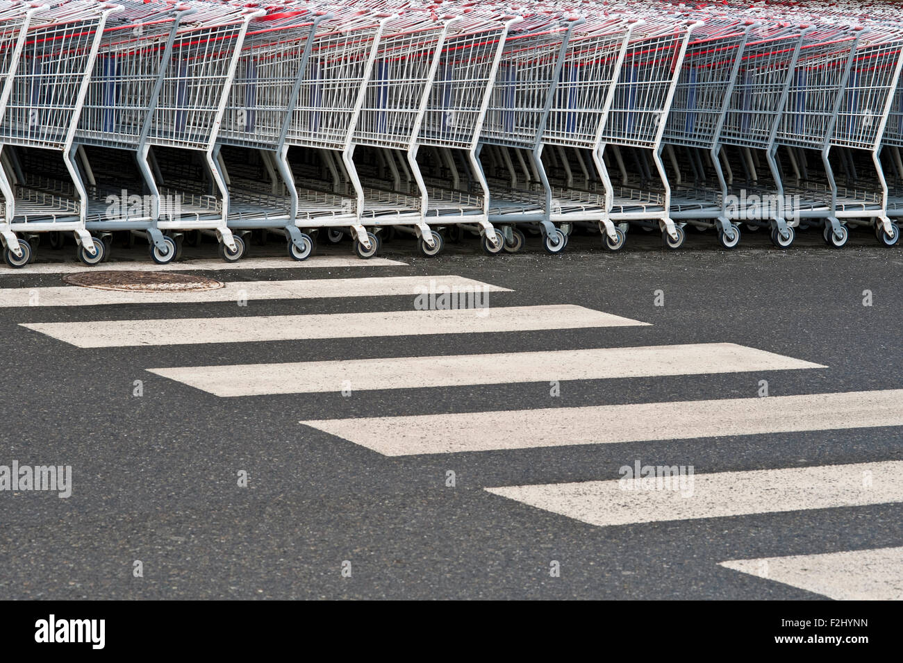 Rows of shopping carts outside store patterns of metal with crosswalk ...