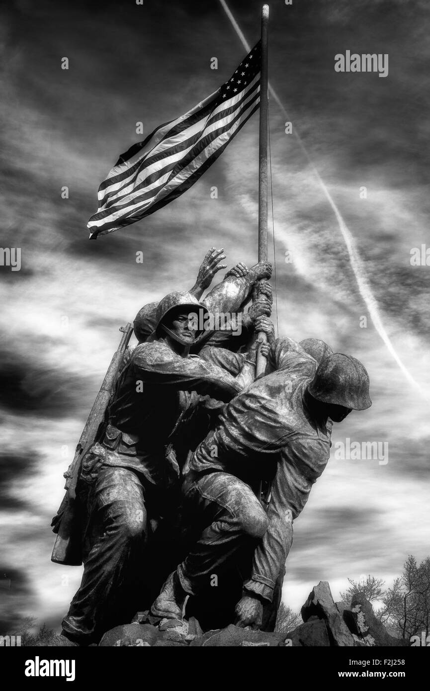 Marine Corps War Memorial statue with American flag in black and white ...