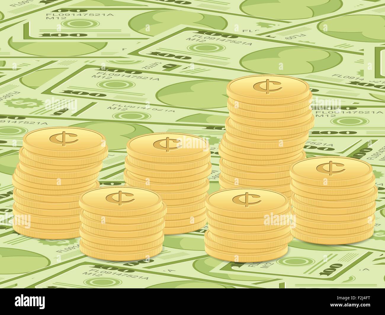 Cent coins on dollar banknotes background. Vector illustration Stock ...