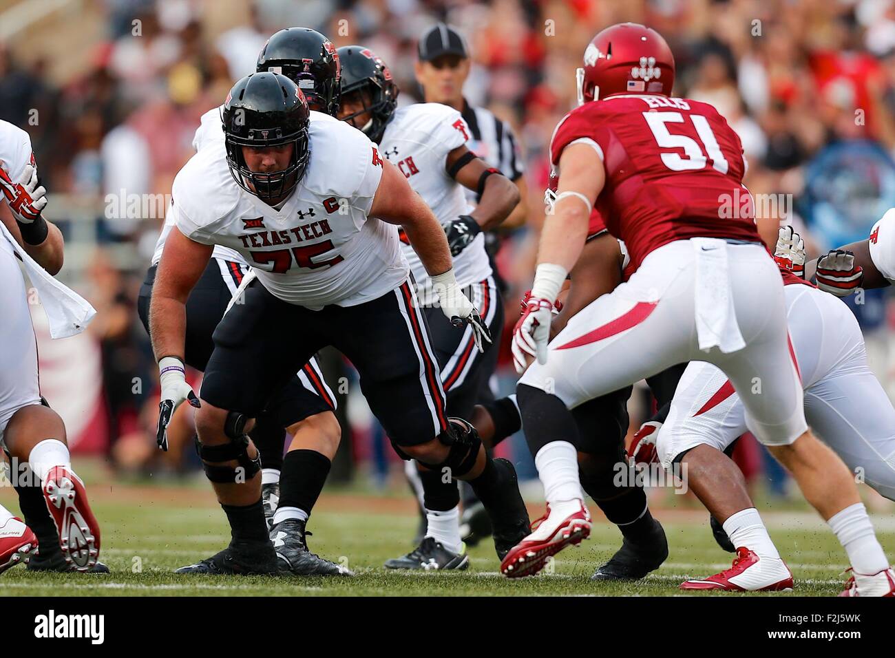 Fayetteville, AR. 19th Sep, 2015. Texas Tech center Jared Kaster #75 ...