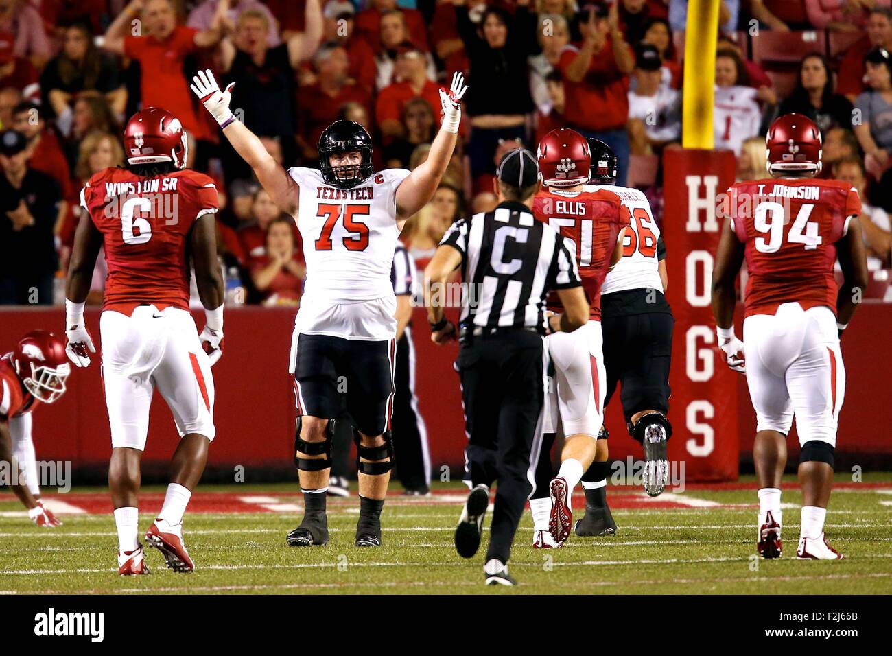 Fayetteville, AR. 19th Sep, 2015. Texas Tech center Jared Kaster #75 ...