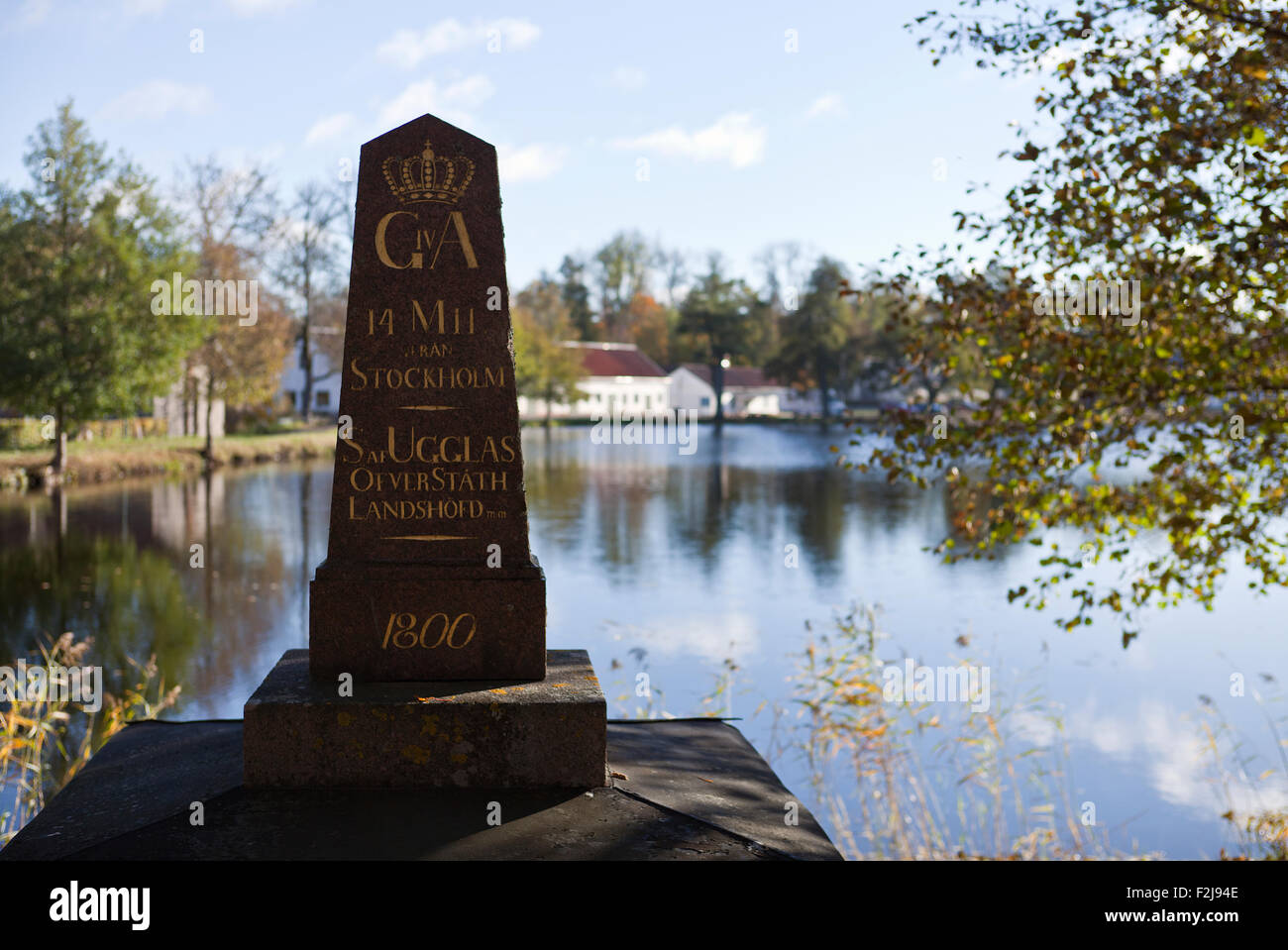Milestone, milepost, landmark to Stockholm. 140 km to the Capital of ...