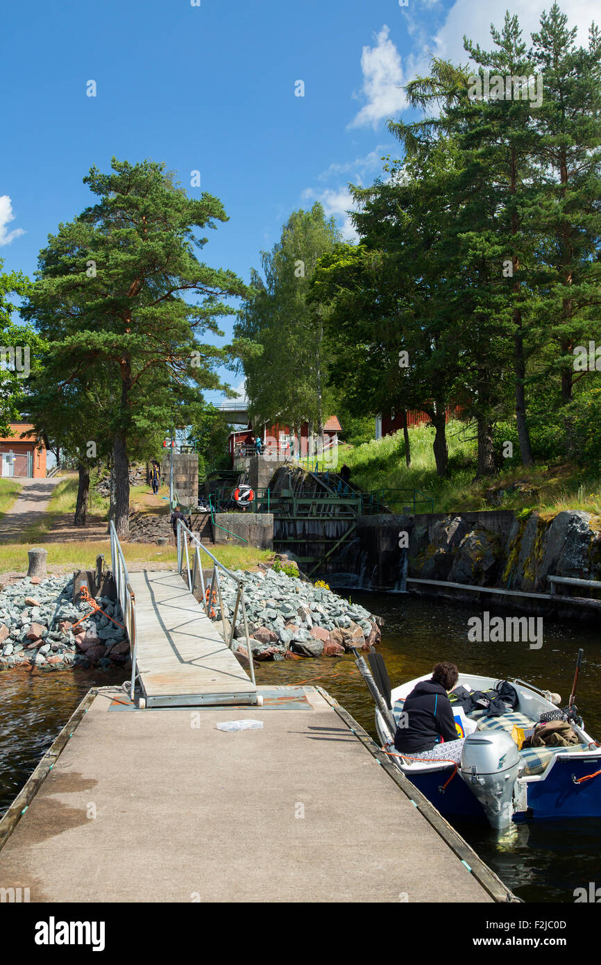 Boat waiting in front of Krokfors Lock in Dalsland Canal, Bengtsfors ...