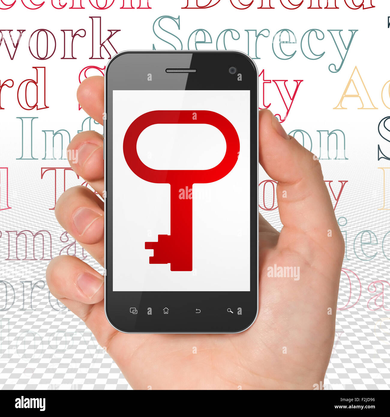 Safety concept: Hand Holding Smartphone with Key on display Stock Photo ...