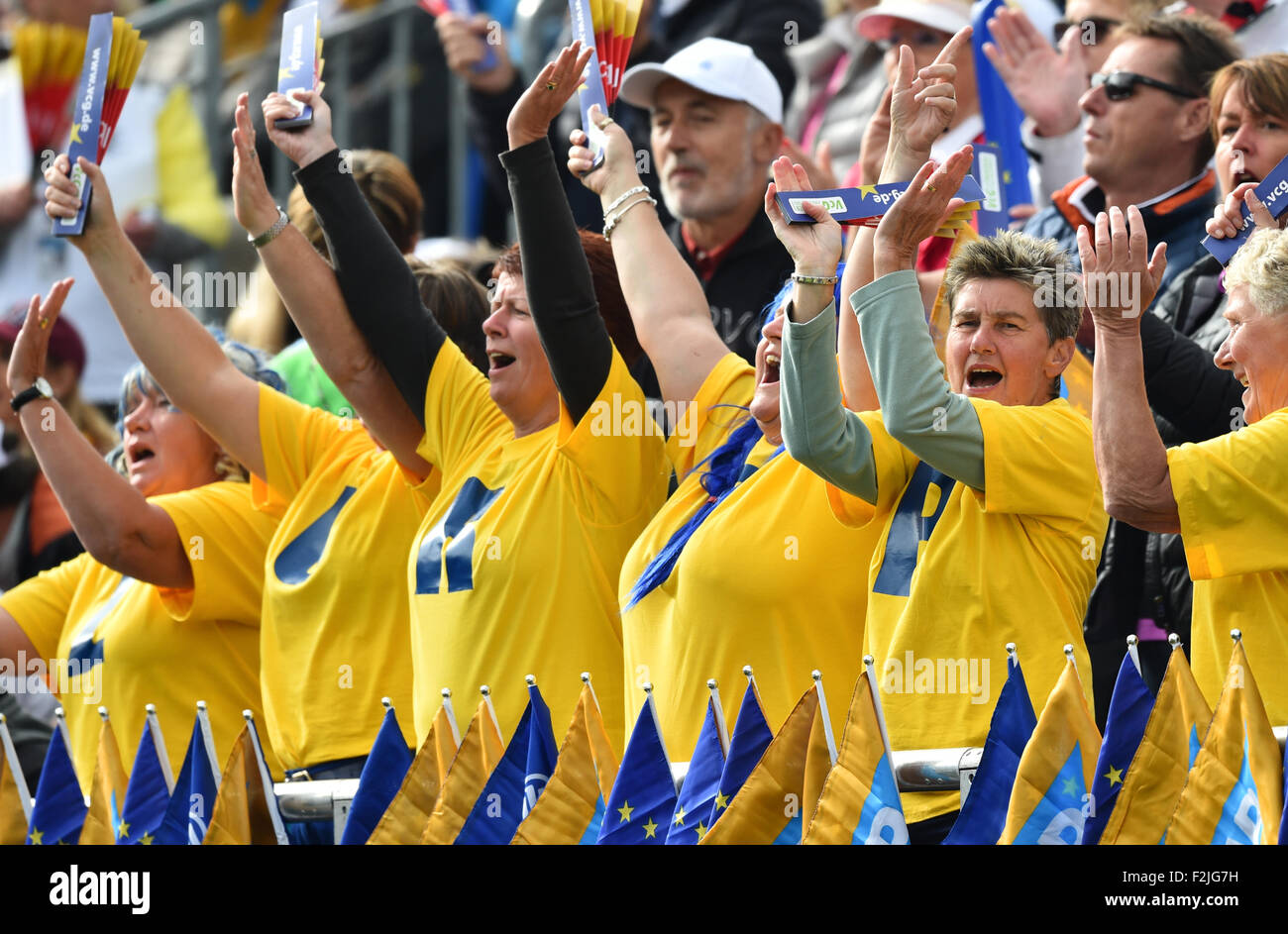 St. Leon-Rot, Germany. 20th Sep, 2015. Fans of Team Europe cheer for a ...