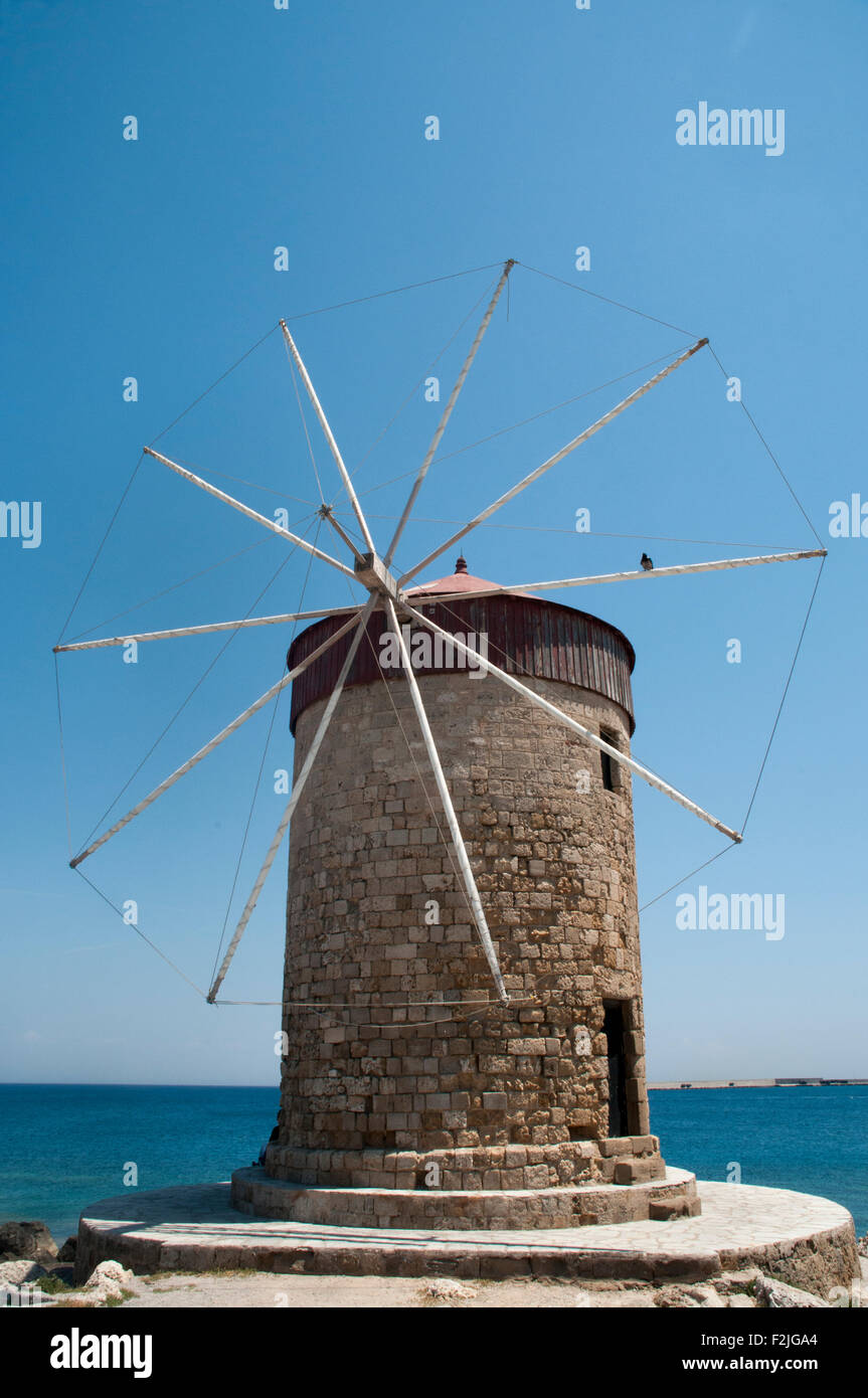 Windmill at the harbor of Rhodes in the Greek Aegean Sea Stock Photo ...