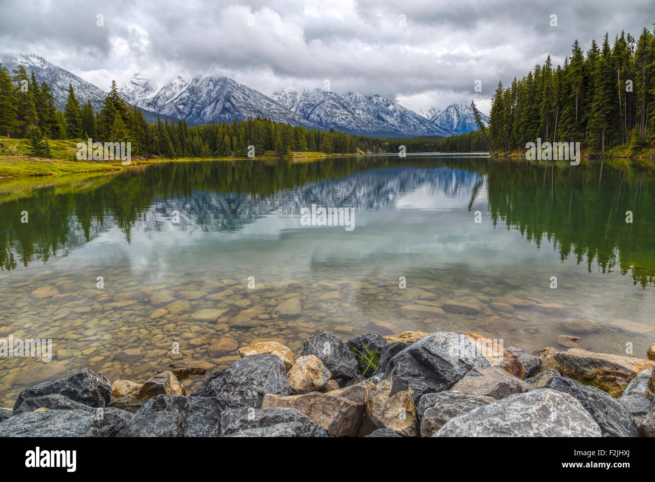 Panoramic view of Johnson Lake with Fairholme Range, Banff National ...