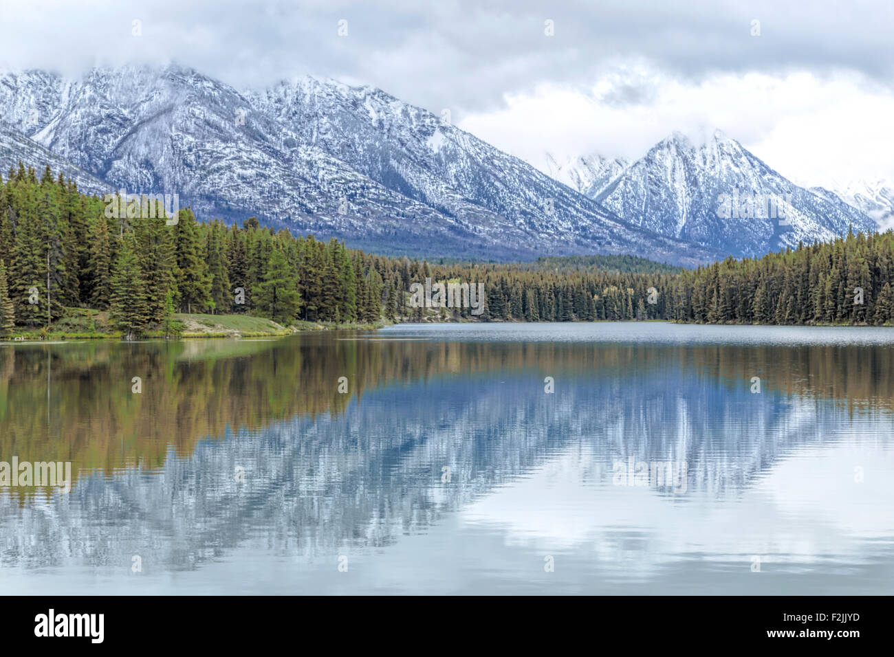 Panoramic view of Johnson Lake with Fairholme Range, Banff National ...