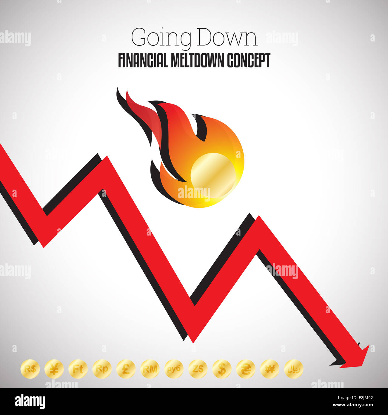 Vector illustration of flaming gold coin falling down with a down arrow ...