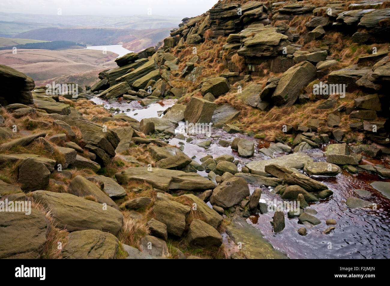 Kinder Downfall on a bleak and misty winter day in the Peak District ...