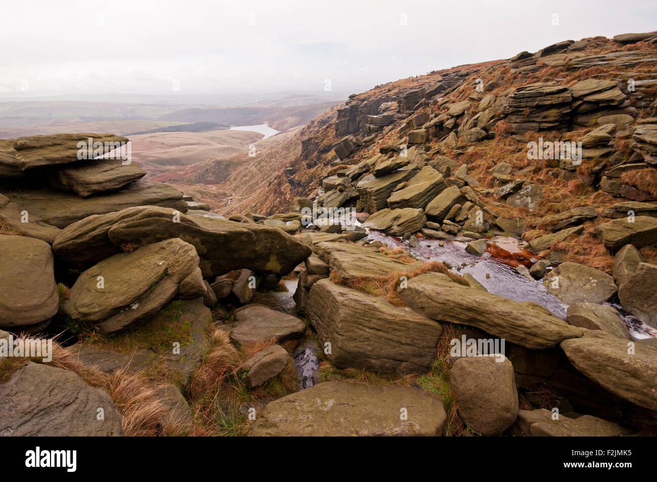 Kinder Downfall on a bleak and misty winter day in the Peak District ...
