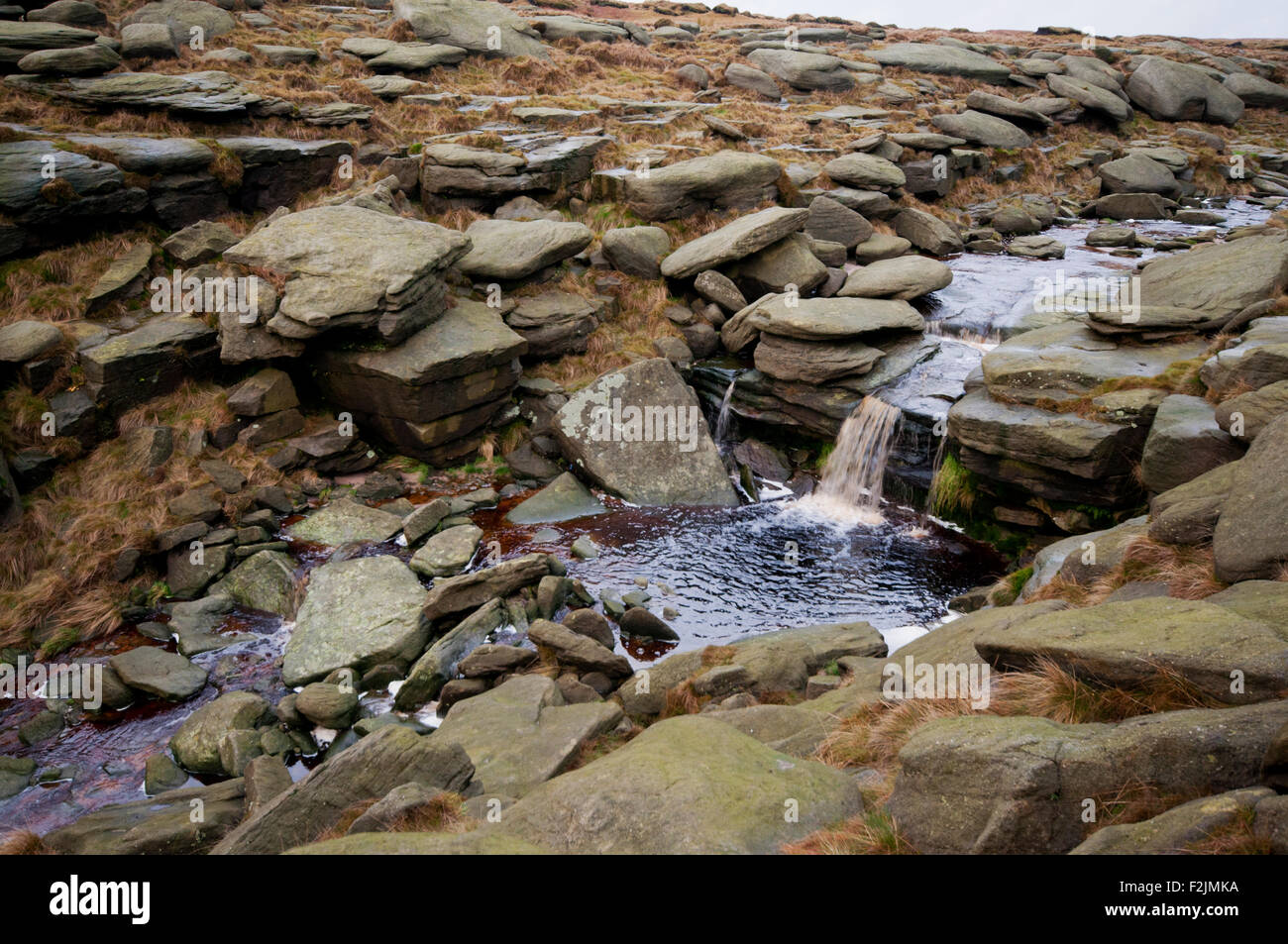 Kinder Downfall on a bleak and misty winter day in the Peak District ...