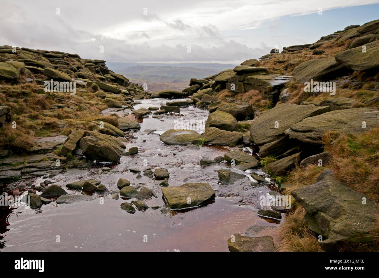 Kinder Downfall on a cool and misty winter day in the Peak District ...