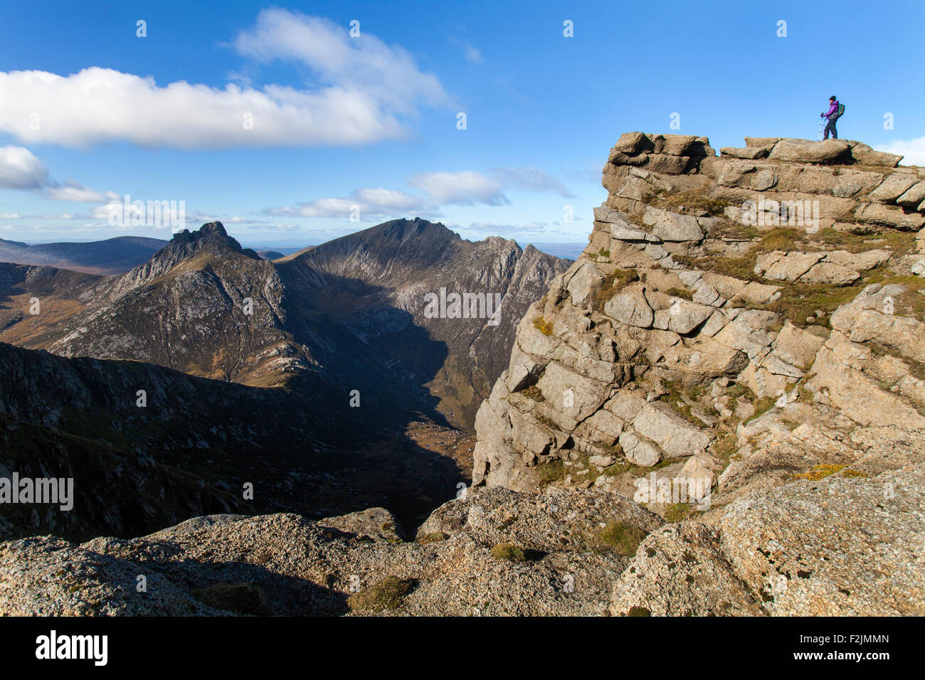 Hiker on Goat Fell ridge looking north to Cir Mhor and Caisteal Abhail ...