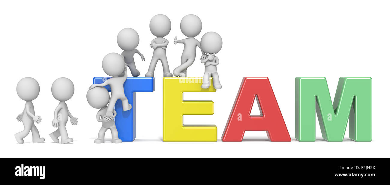 Dude 3D characters X8 climbing up on letters forming TEAM. Color ...