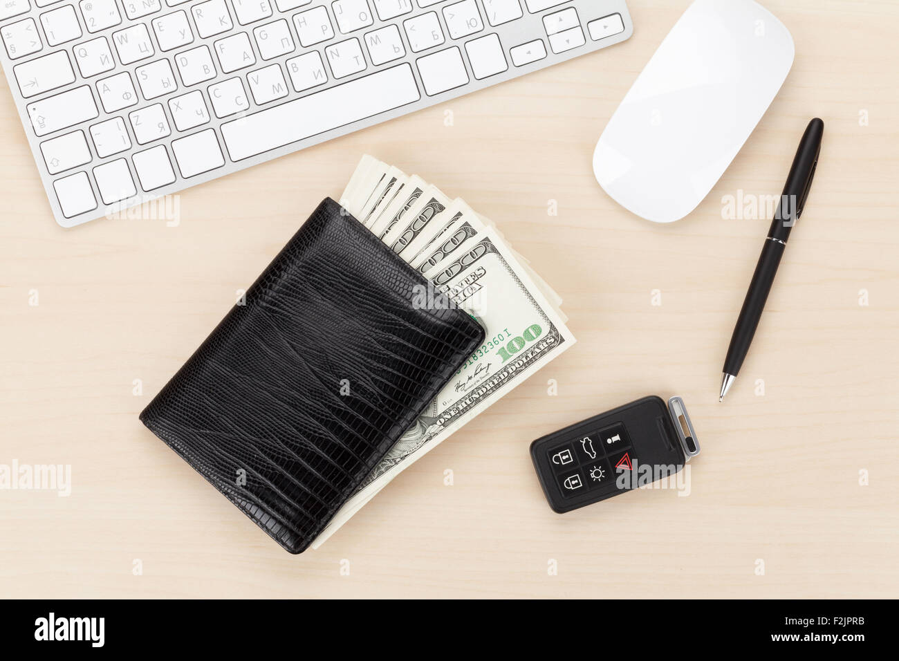 Office table with pc, supplies and money cash. View from above Stock ...