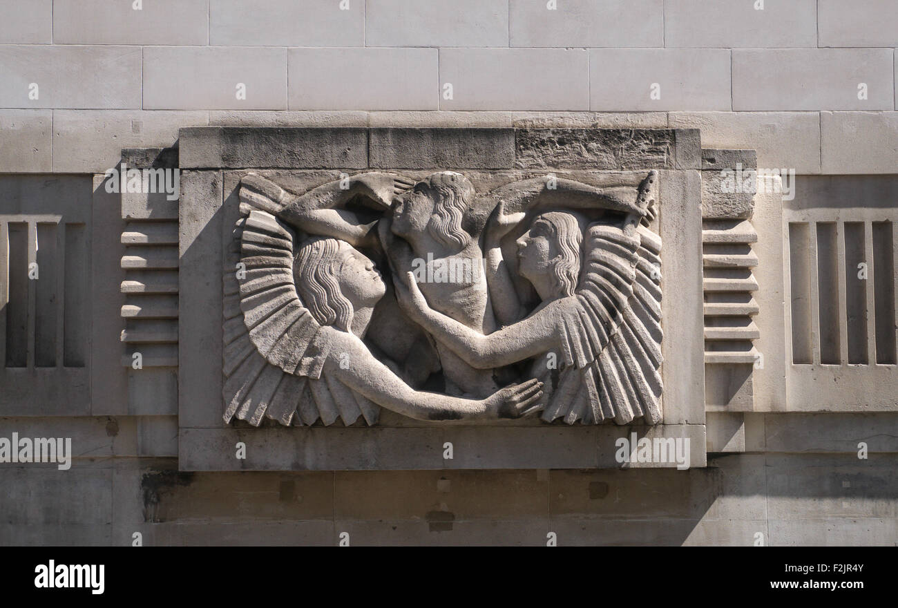Stone carving on BBC building Stock Photo - Alamy