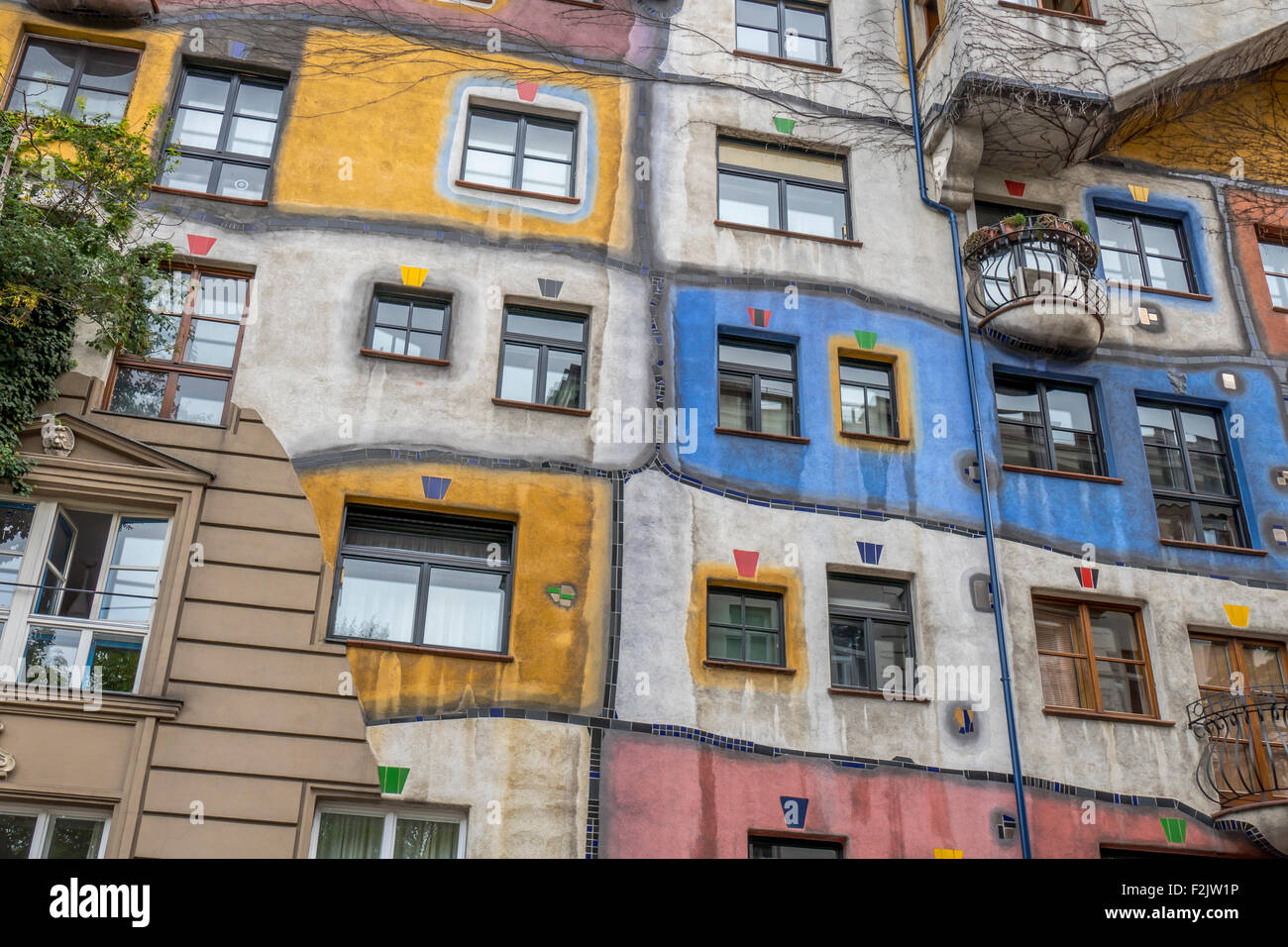 Colorful facade of Hundertwasser House, Hundertwasserhaus, apartment ...