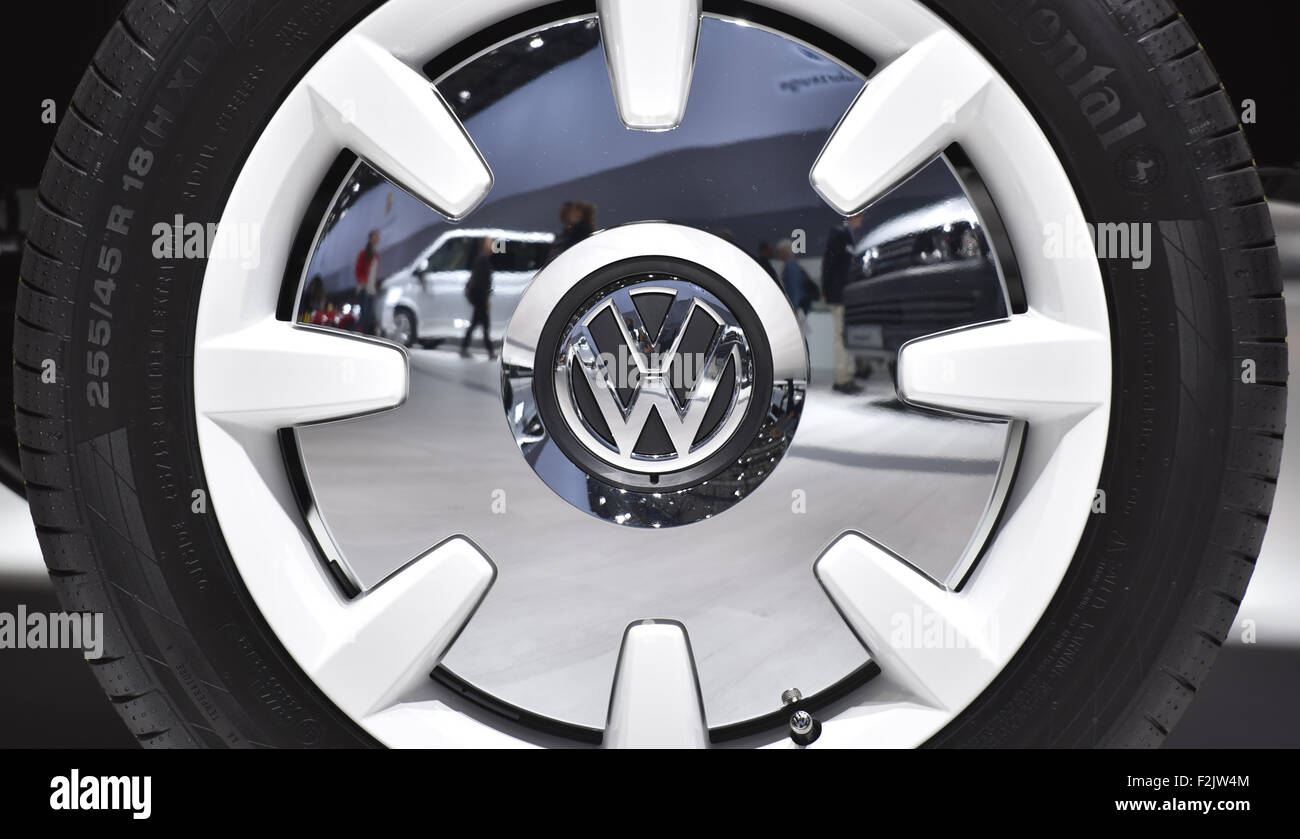 The VW logo seen on a wheel at the Volkswagen AG shareholders' meeting ...
