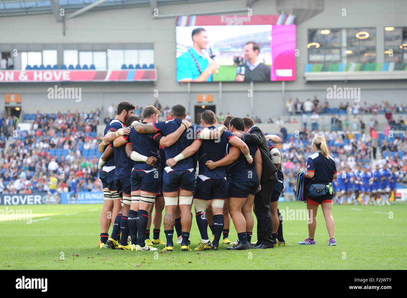 Brighton, UK. 20th September, 2015. USA Eagles pack in a team huddle ...