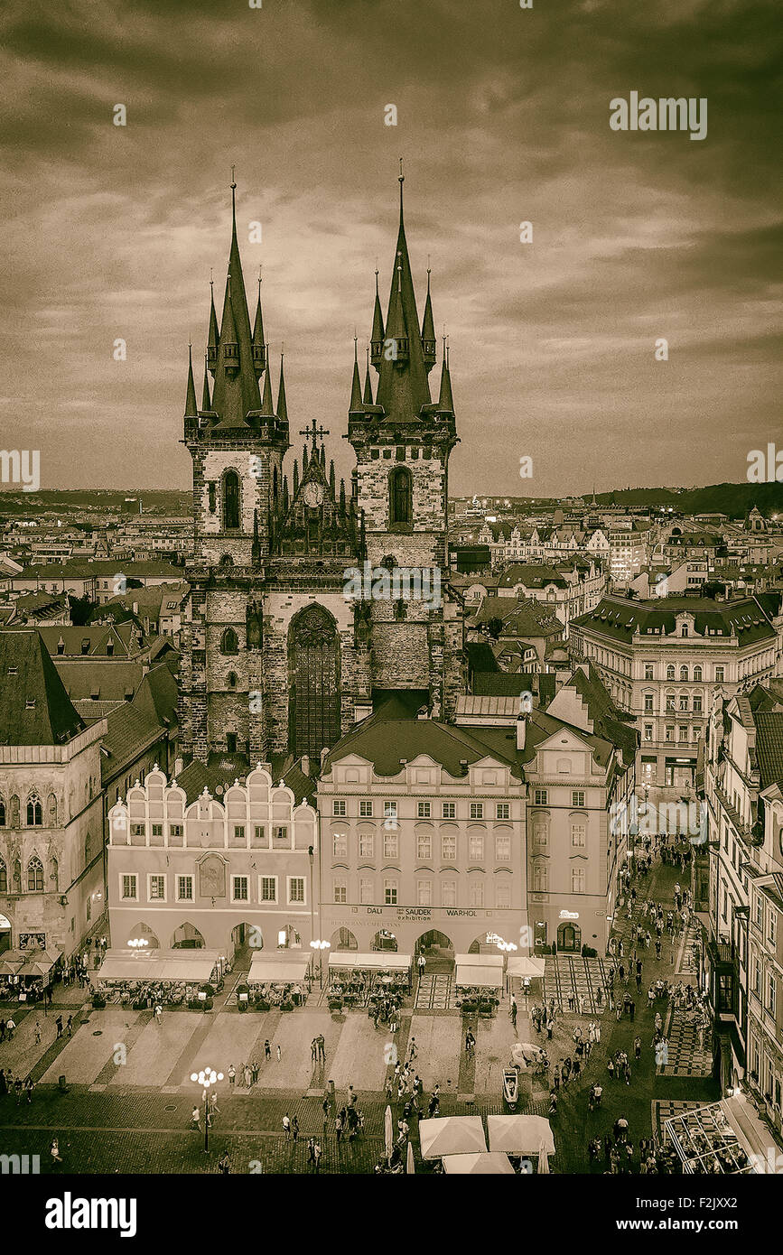 Gothic Tyn Cathedral in Old Town Square, Prague. Vintage Stock Photo ...