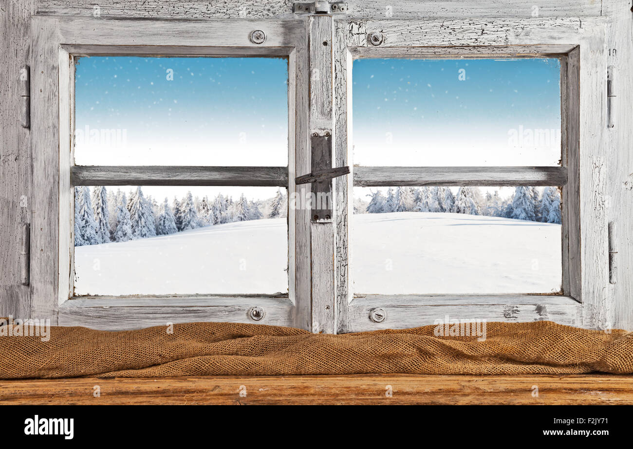 Vintage wooden window overlook winter landscape Stock Photo - Alamy