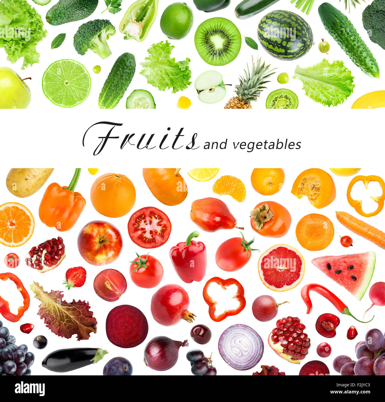 Collection of fruits and vegetables on white background. Fresh food ...