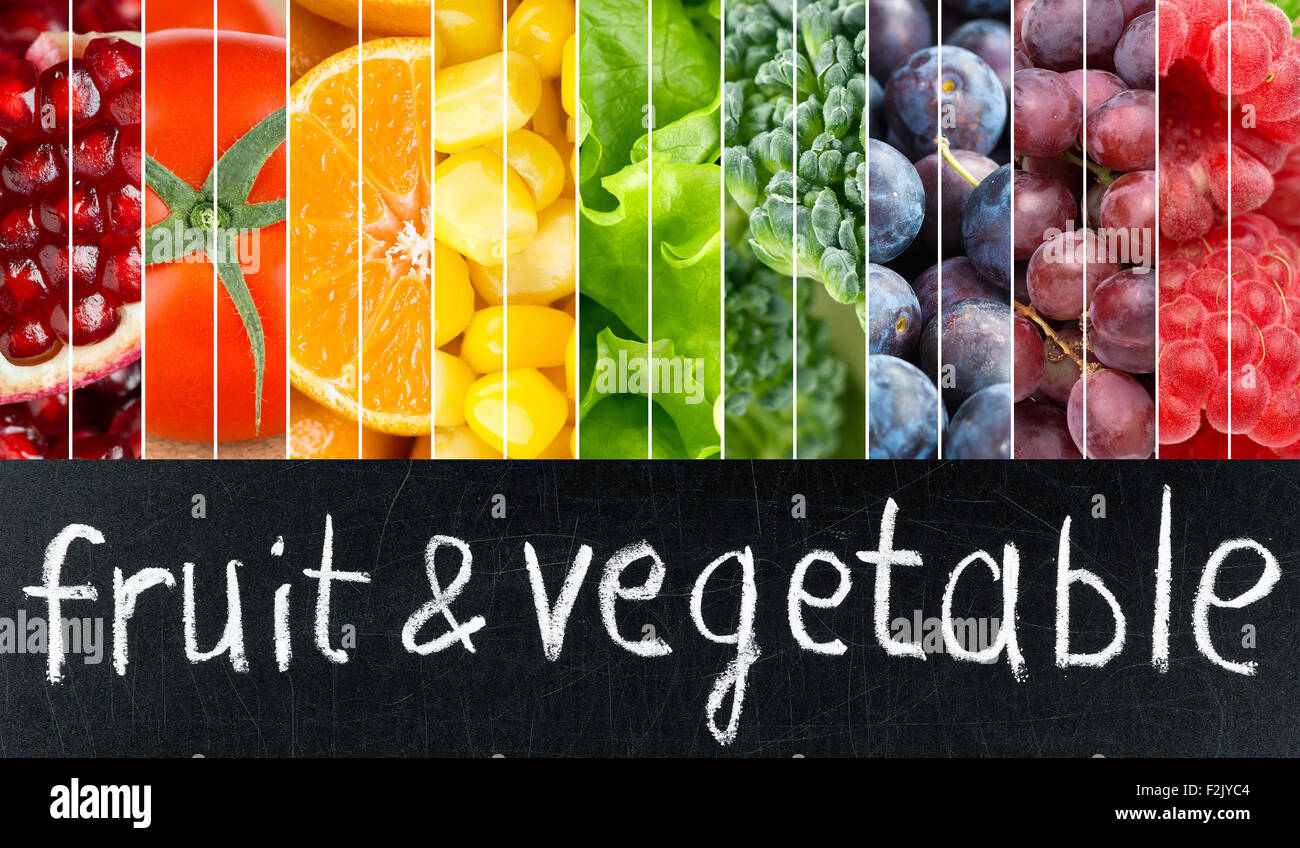 Fresh color fruits and vegetables concept. Food background Stock Photo ...