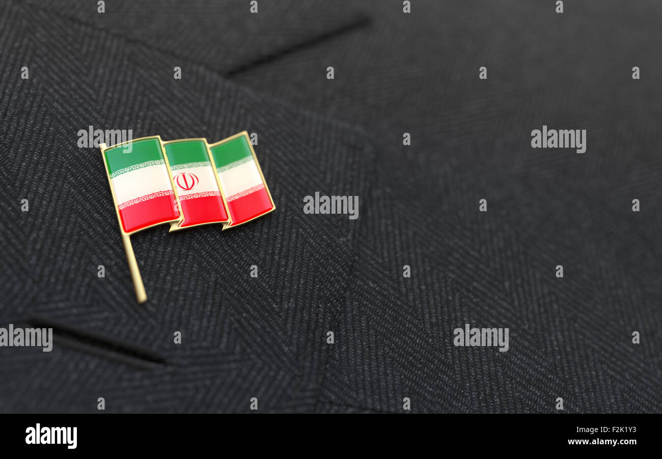 Iran flag lapel pin on the collar of a business suit jacket shows ...