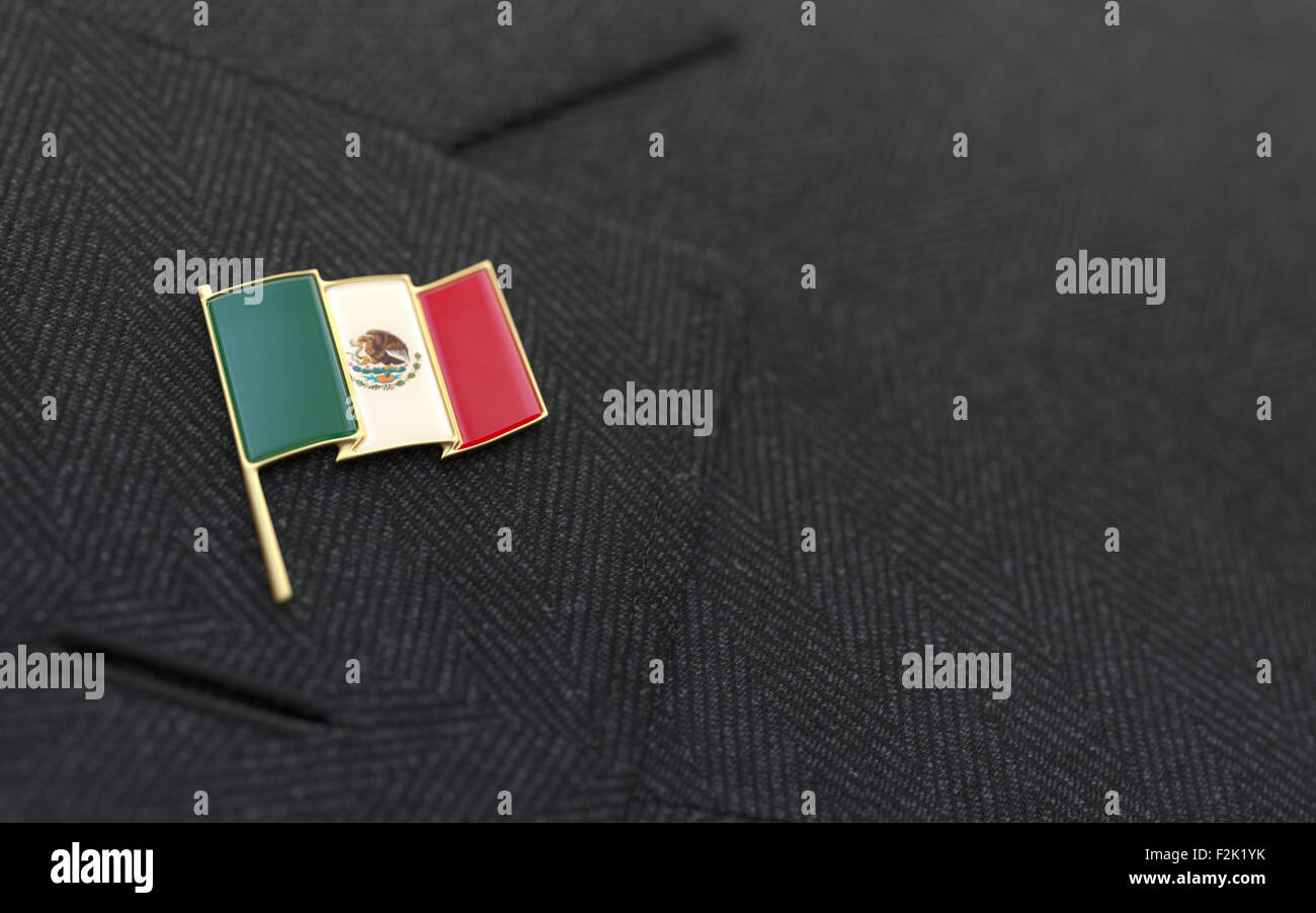 Mexican flag lapel pin on the collar of a business suit jacket shows ...