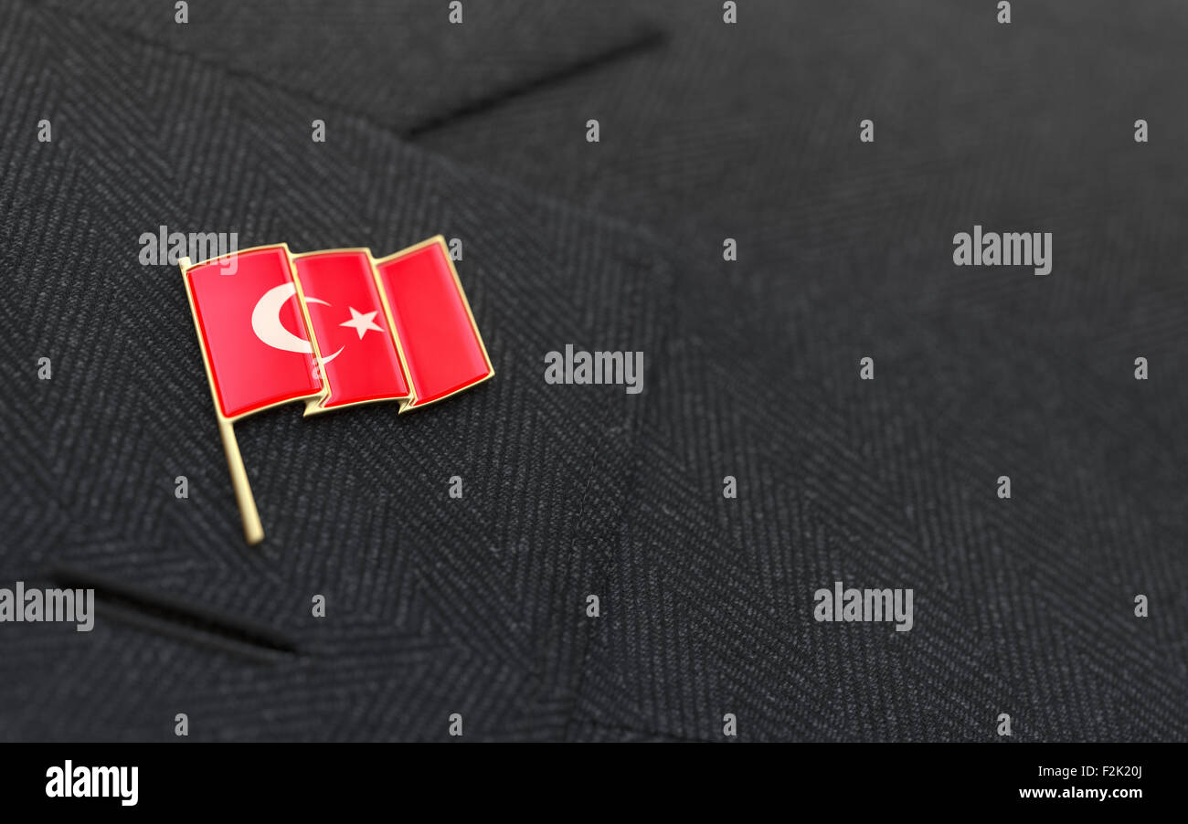 Turkey flag lapel pin on the collar of a business suit jacket shows ...